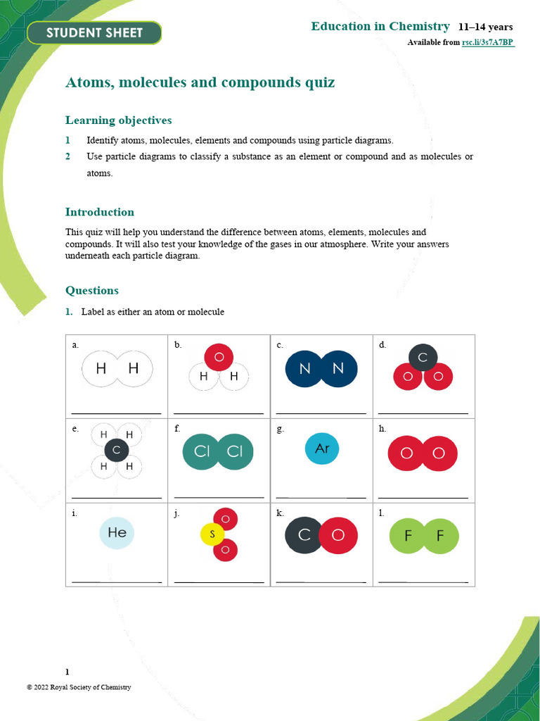 Atoms, Molecules and Compounds Quiz: Learning Objectives | PDF ...