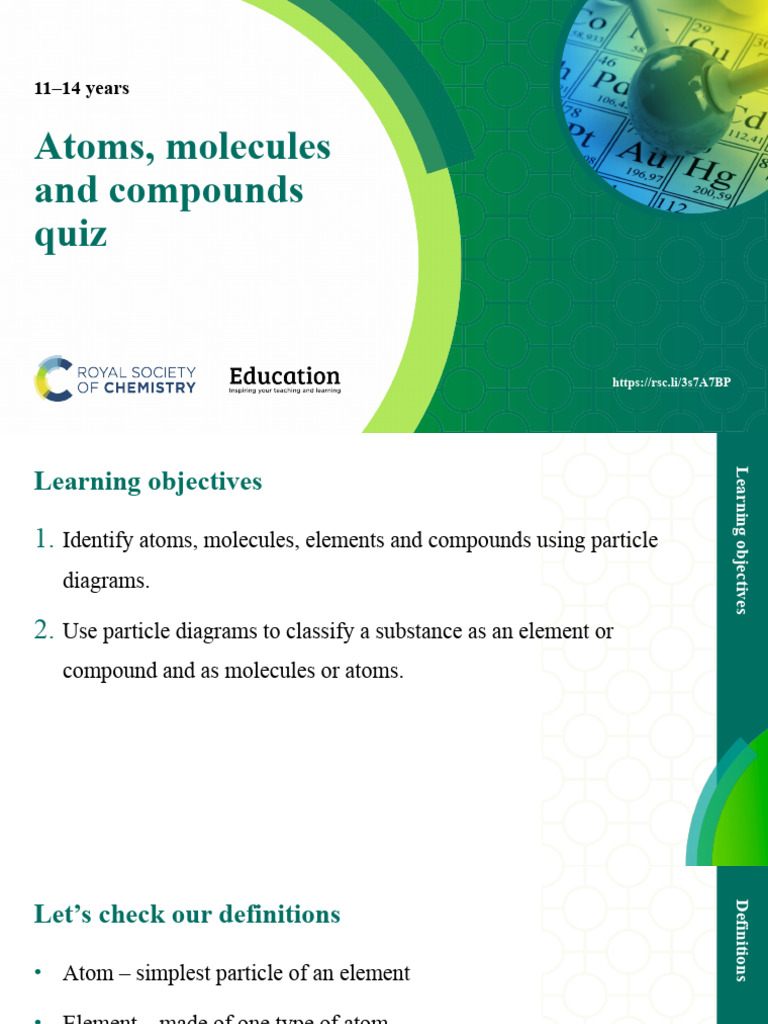 Atoms, Molecules and Compounds Quiz: 11-14 Years | PDF | Molecules ...