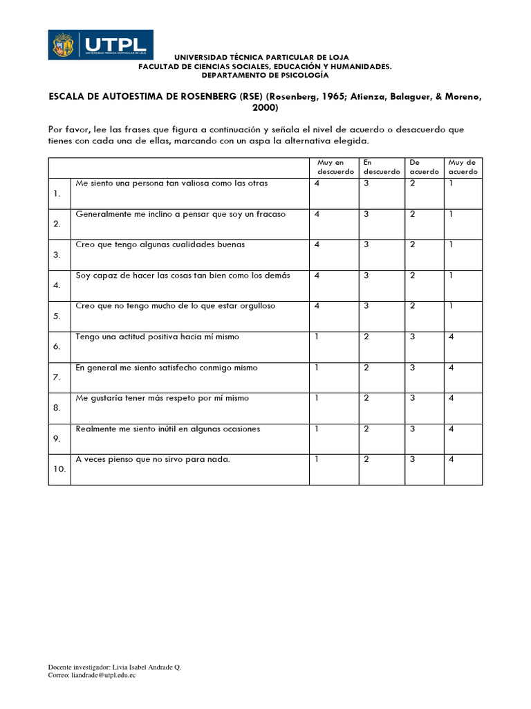 ESCALA DE AUTOESTIMA DE ROSENBERG (RSE) (Rosenberg, 1965 Atienza, Balaguer, & Moreno, 2000) - 5 ...