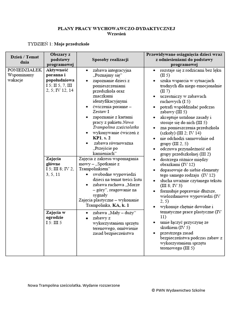 NOWA TRAMPOLINA 6-Latek Wydanie Rozszerzone Plany Pracy WRZESIEN | PDF