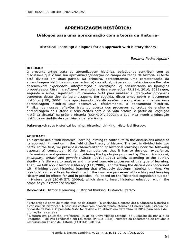 Aprendizagem Histórica Diálogos Para Uma Aproximação Com A Teoria Da