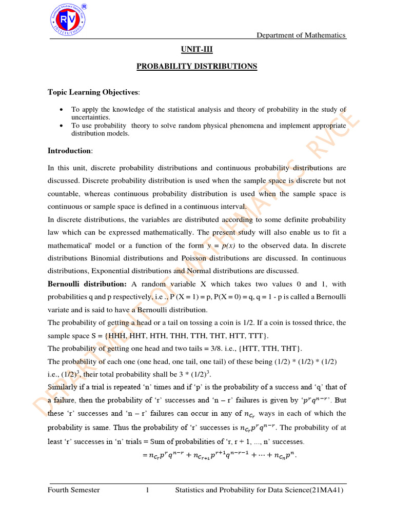 Unit 3 Probability Distributions - 21MA41 | PDF | Probability Distribution | Standard Deviation
