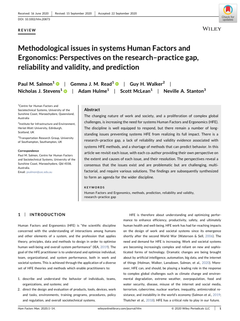 Methodological Issues in Systems Human Factors and Ergonomics Perspectives On The Research ...