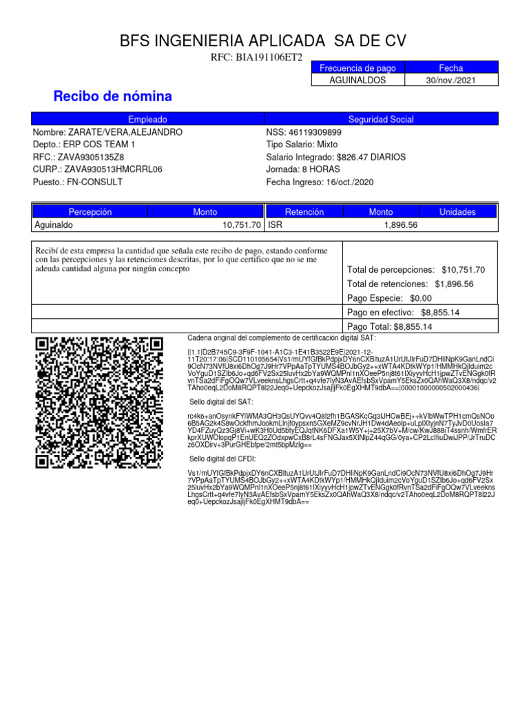 Bfs Ingenieria Aplicada Sa de CV: Recibo de Nómina | PDF | Relaciones laborales | Compensación ...