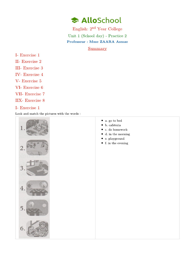 Unit 1 School Day Practice 2 2 | PDF