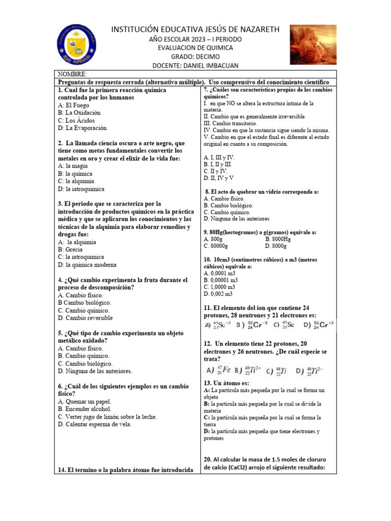 Examen Grado 10° Quimica | PDF | Química | Alquimia