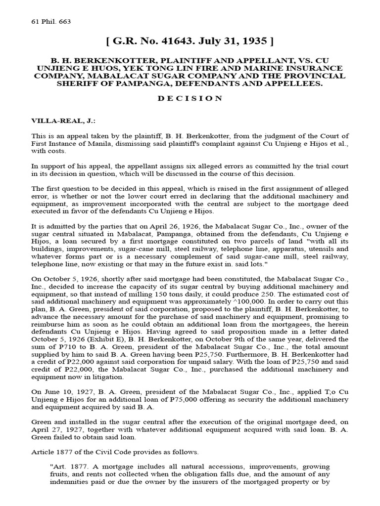 4 Berkencotter vs. Cu Unjieng G.R. No. 41643, July 31, 1945 | PDF | Mortgage Law | Loans