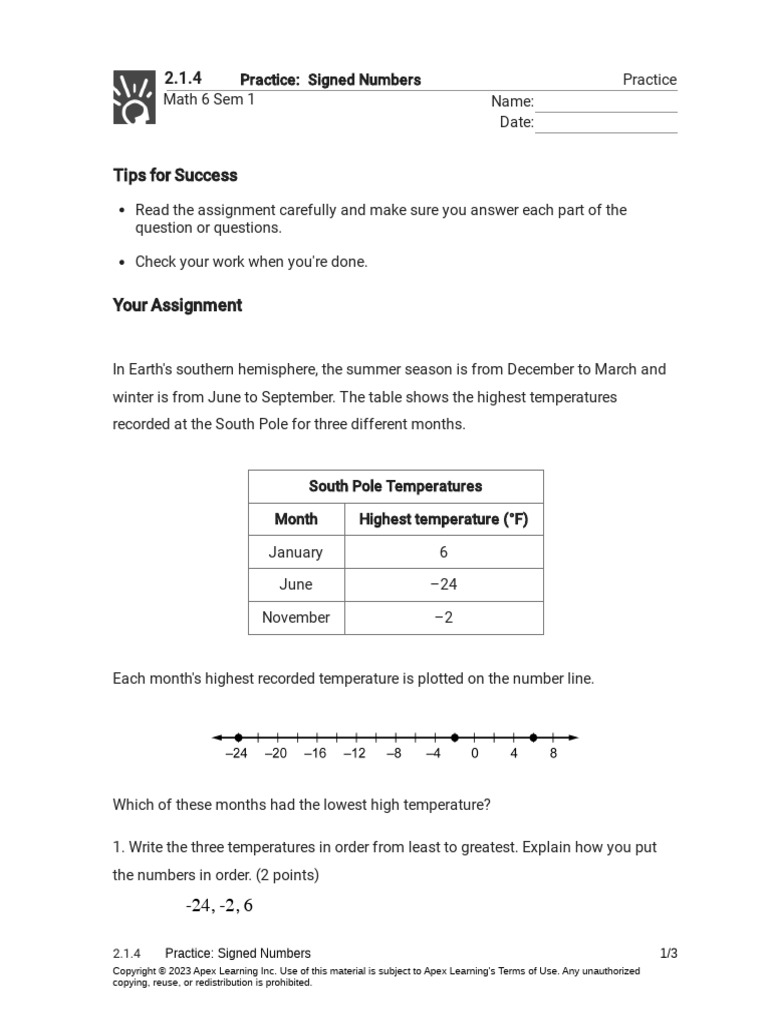 2.1.4 Practice - Signed Numbers (Practice) | PDF