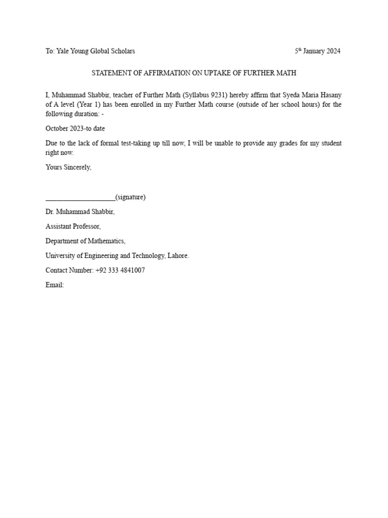 Draft Statement For Further Math | PDF
