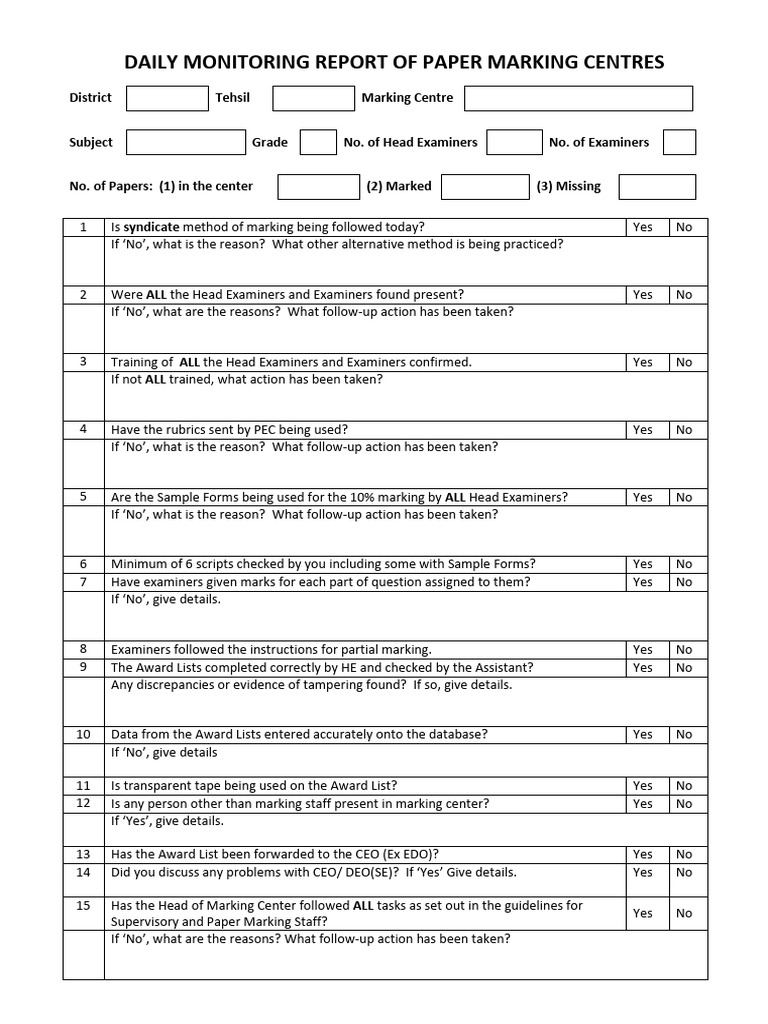 Daily Monitoring Report of Paper Marking Centres | PDF