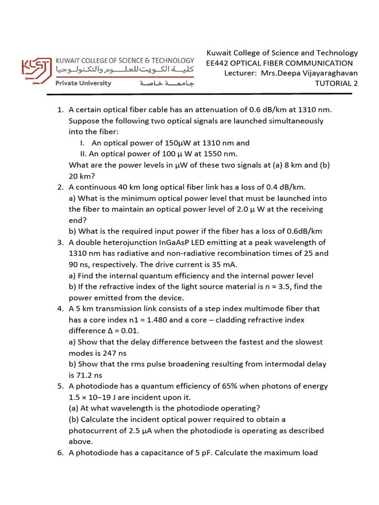 Ofc Tutorial 2 Unit 3 and 4 | PDF | Optical Fiber | Optics