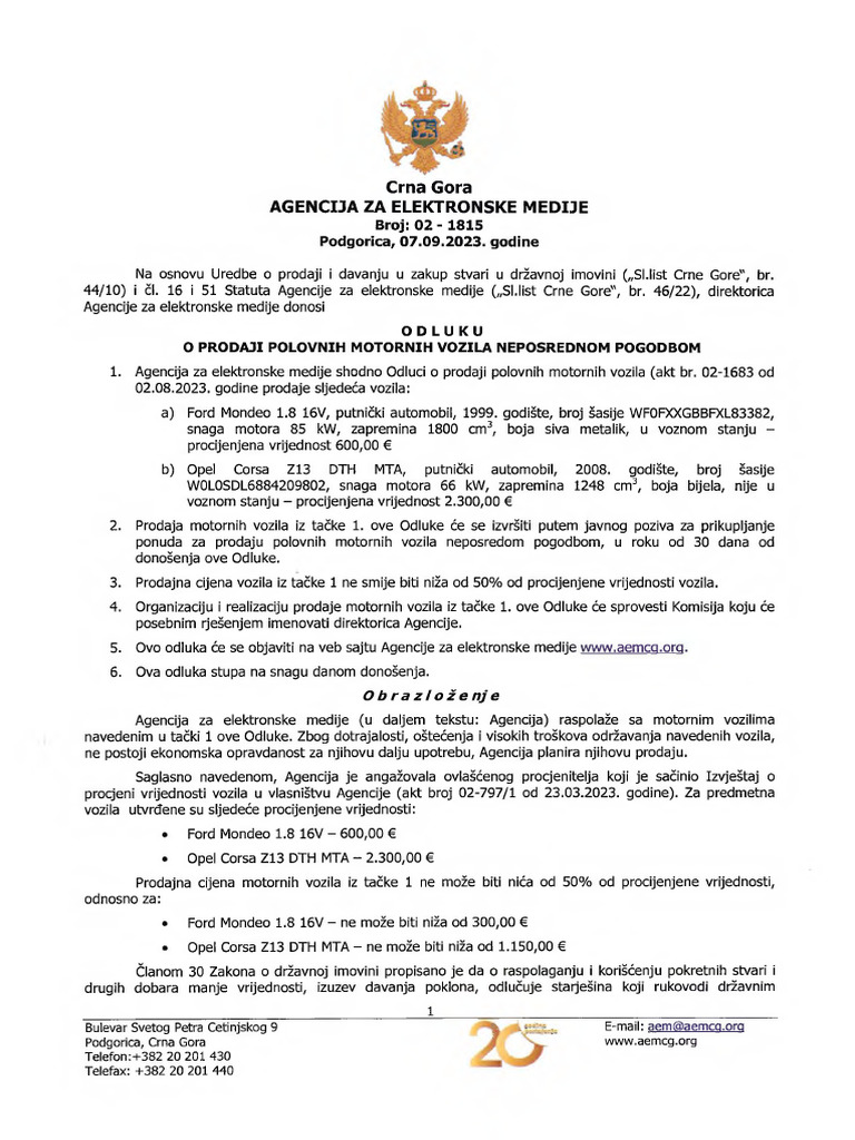 Odluka o Prodaji Motornih Vozila 02 1815 07.09.2023 | PDF