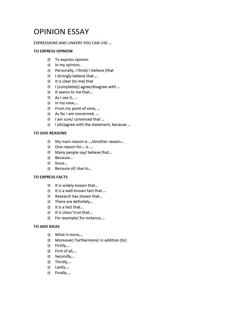 Opinion Essay Expressions and Linkers | PDF | Language Arts & Discipline