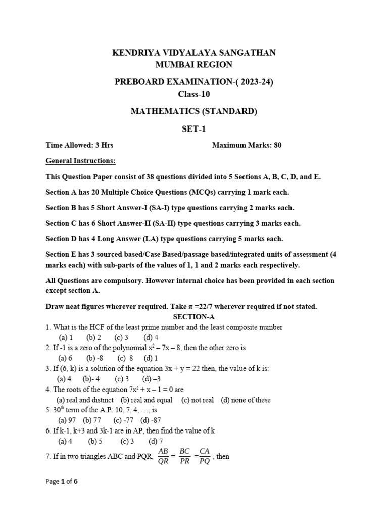 Class X Maths (Standard) Pre-Board 2023-2024 (KVS, Mumbai) | PDF | Circle | Area
