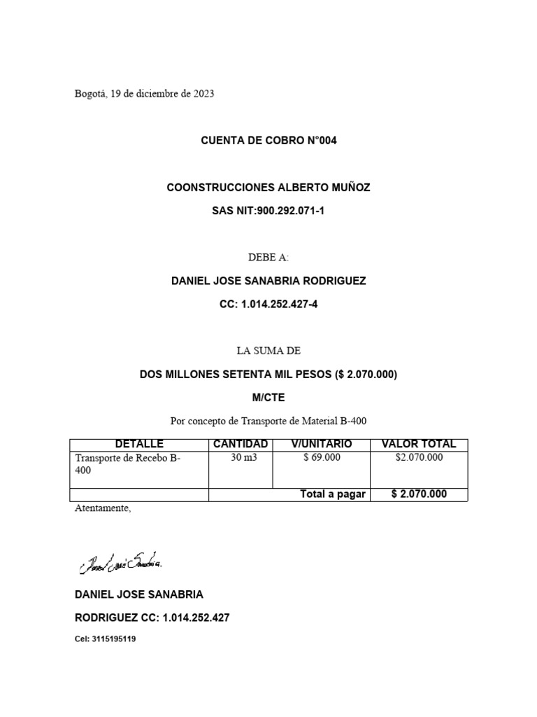 Cuenta de Cobro #03-Construcciones Alberto Muñoz Sas | PDF