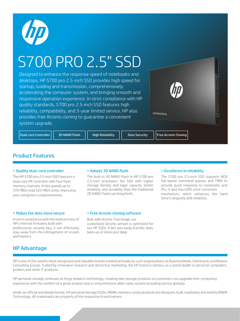 HP S700 Pro 2.5 Specifications | PDF | Solid State Drive | Flash Memory