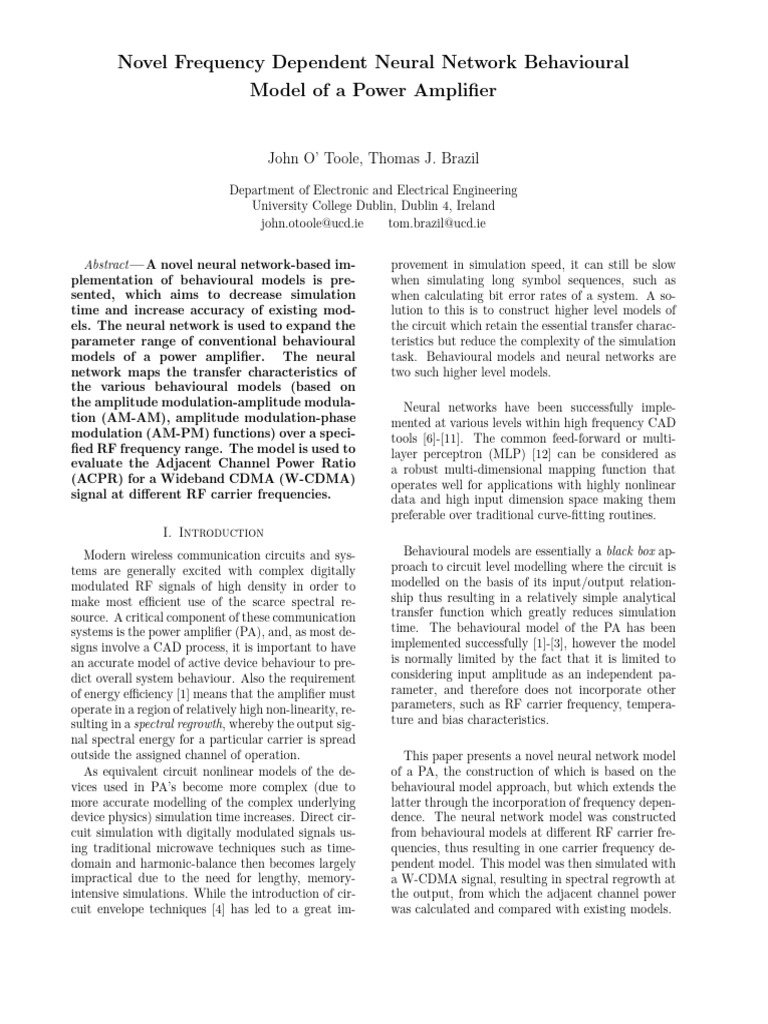 Novel Frequency Dependent Neural Network Behavioural Modelofa Power Amplifier | PDF | Spectral ...