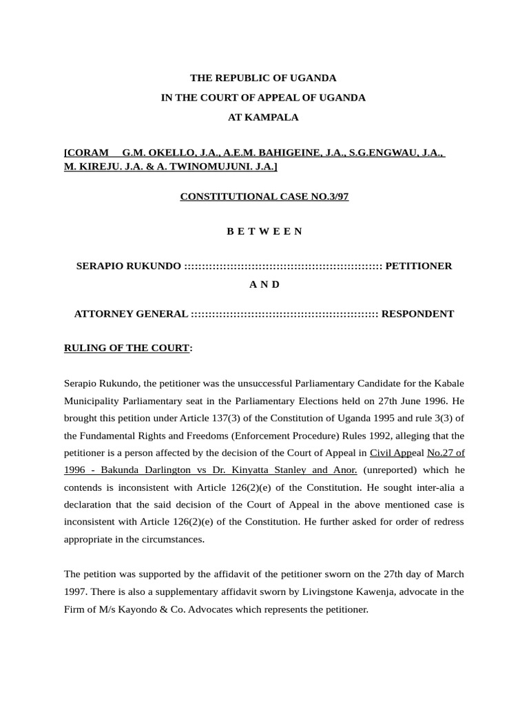 Rukundo v Attorney General Appeal Ruling | PDF | Lawsuit | Judgment (Law)