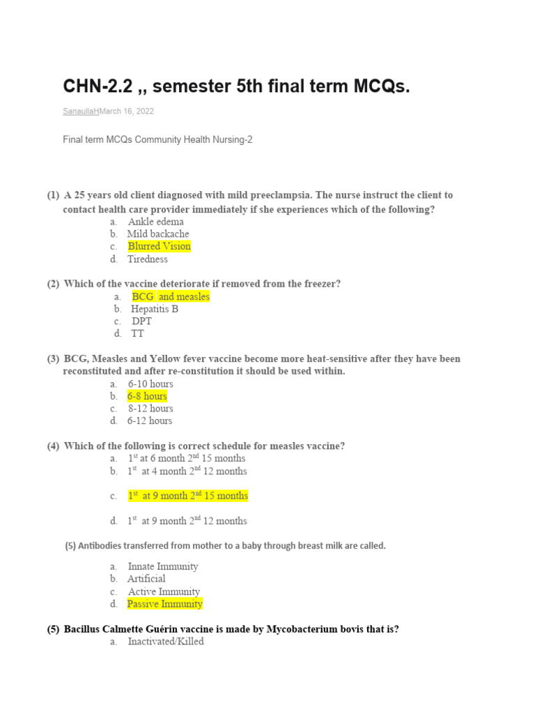 CHN-2.2 ,, Semester 5th Final Term MCQs. | PDF