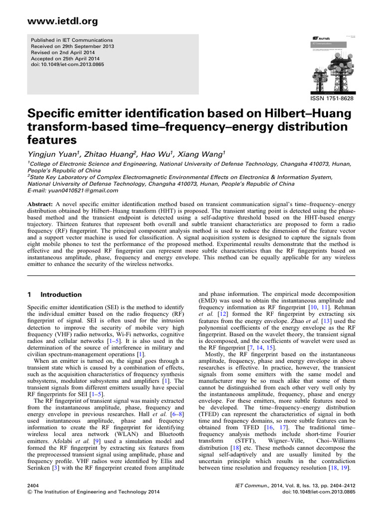Specific Emitter Identification Based On Hilbert-Huang | PDF | Wavelet | Amplitude