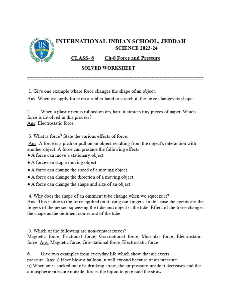 Class 8 Force and Pressure Worksheet | PDF | Pressure | Force