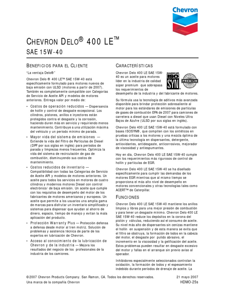 Delo 400 LE SAE 15W40 | PDF | Aceite de motor | Lubricante