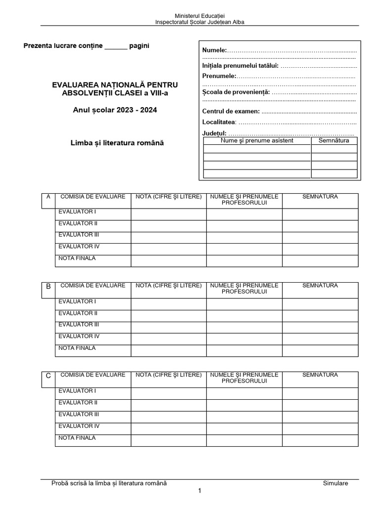 2024 - Simulare Limba Romana - ISJ Alba | PDF