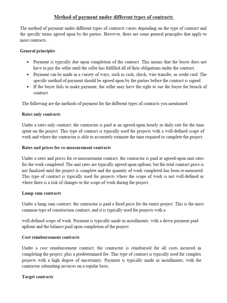 Method of Payment Under Different Types of Contracts: General ...