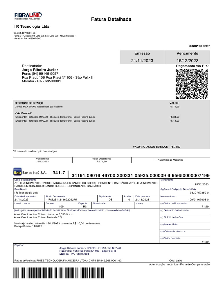 Fatura Detalhada Fatura Detalhada: I R Tecnologia Ltda I R Tecnologia ...