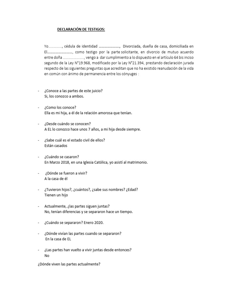 Testimonio para Divorcio de Mutuo Acuerdo | PDF | Derecho
