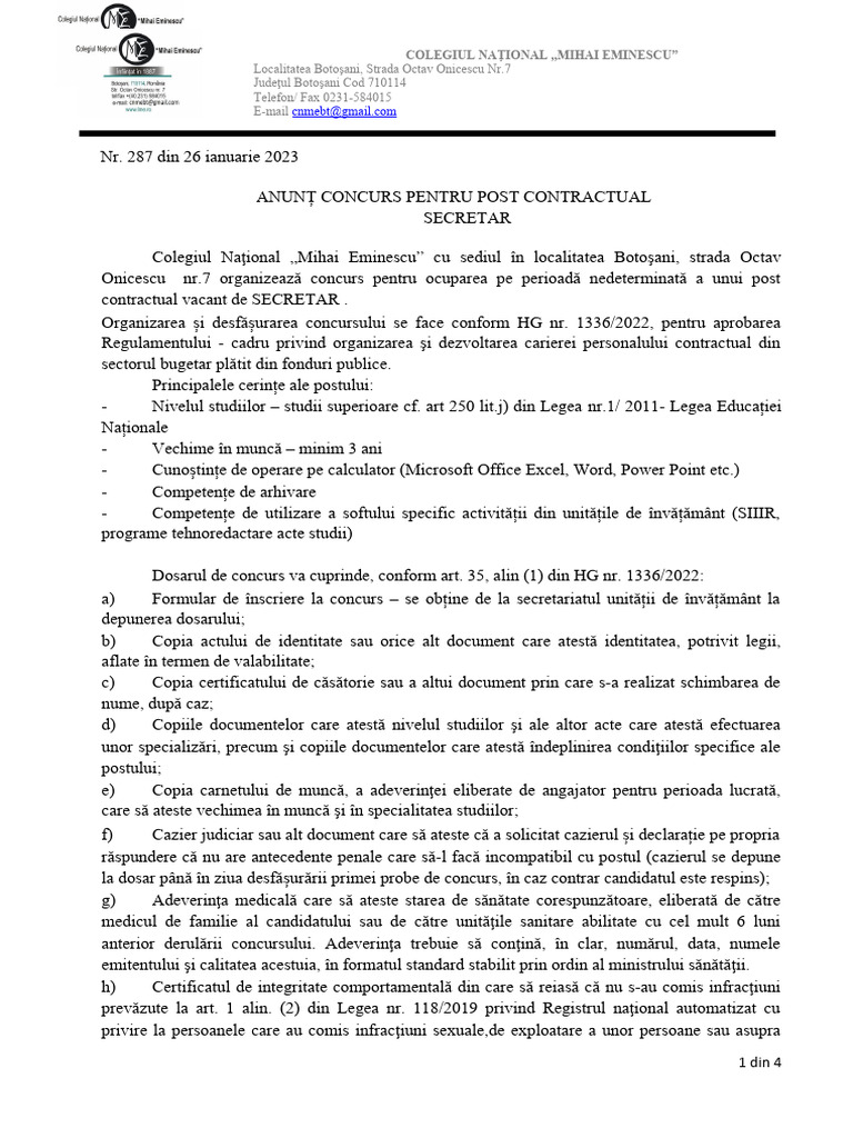 Anunt CNME Secretar | PDF