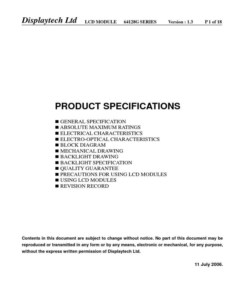 Product Specifications: Displaytech LTD | PDF