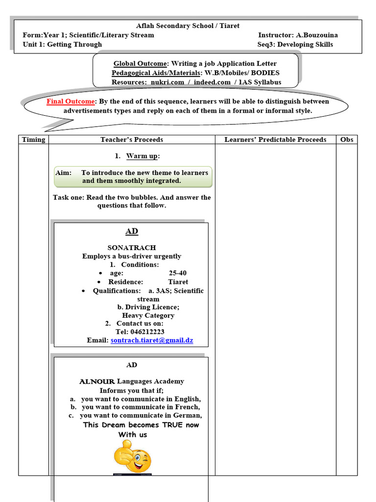 1AS Unit Getting Through DEveloping Skills 3 LESSON PLAN | PDF | Advertising | Human Communication