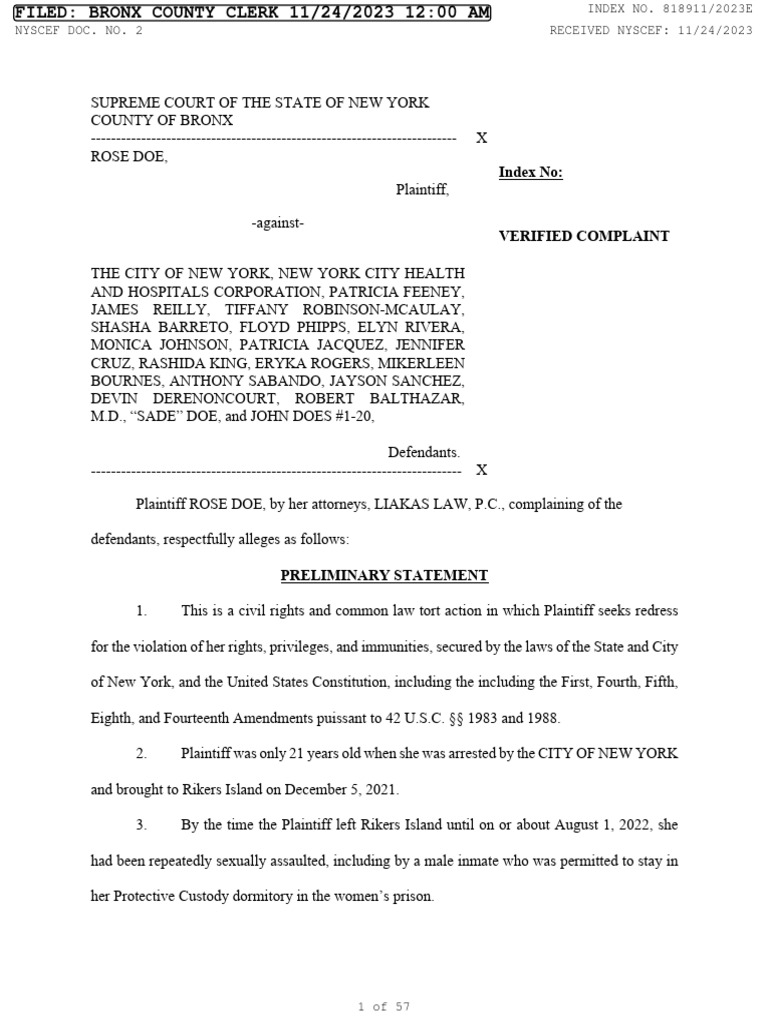 Rose Doe v. The City of New York, Et. Al. | PDF | Rikers Island | Prison
