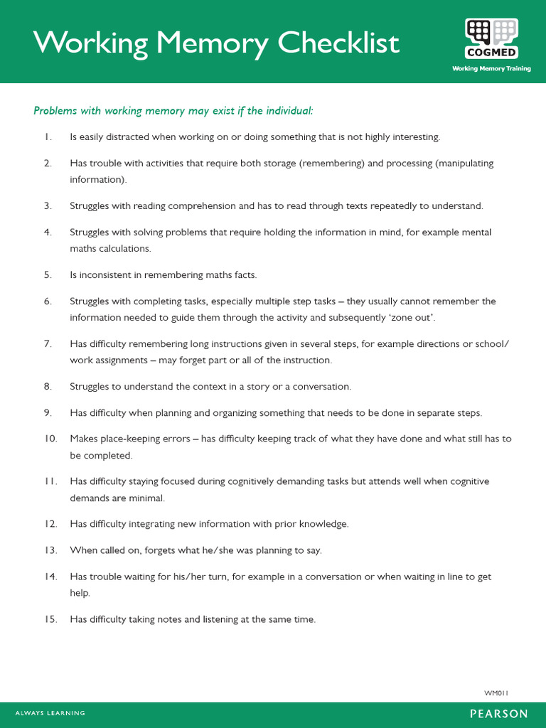 Checklist-Working Memory COGMED | PDF