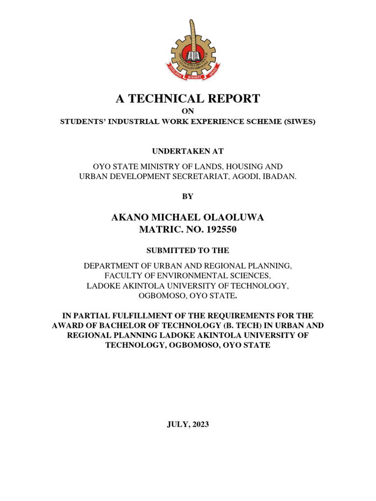 Siwes Technical Report at Oyo State Mini | PDF | Sustainability | Transport