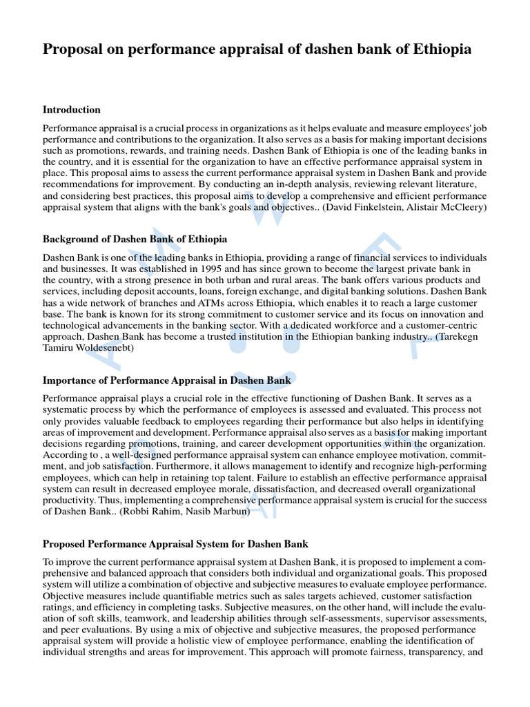 Proposal On Performance Appraisal of Dashen Bank of Ethiopia | PDF | Performance Appraisal | Banks