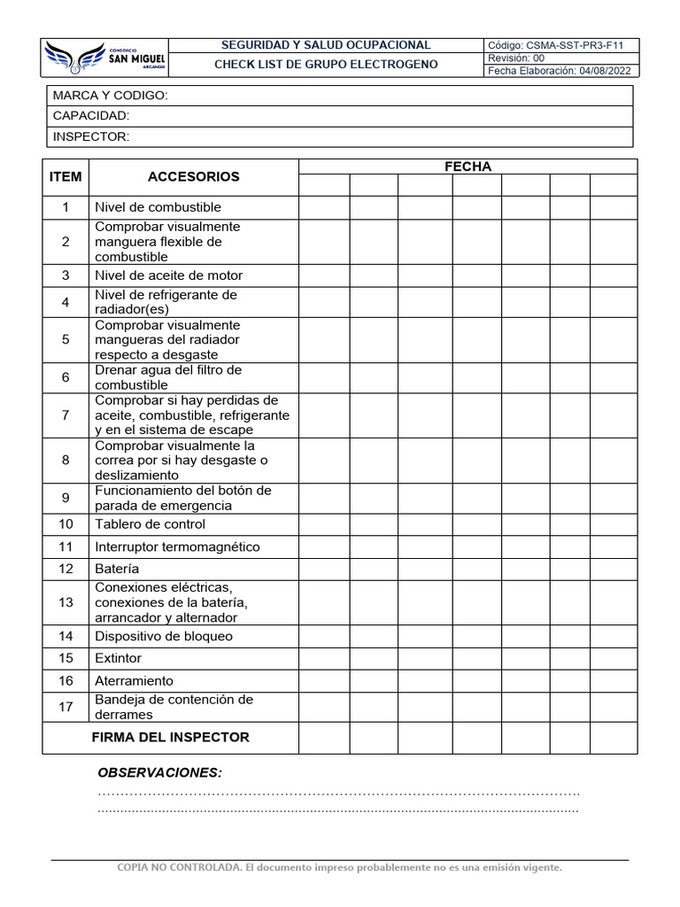 CSMA SST PR3 F11 Check List Grupo Electrogeno PDF