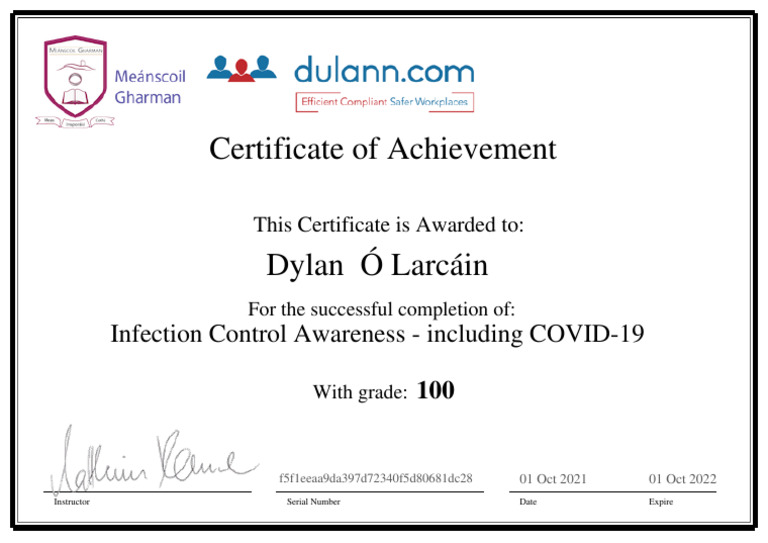 Infection Control Awareness Certificate | PDF