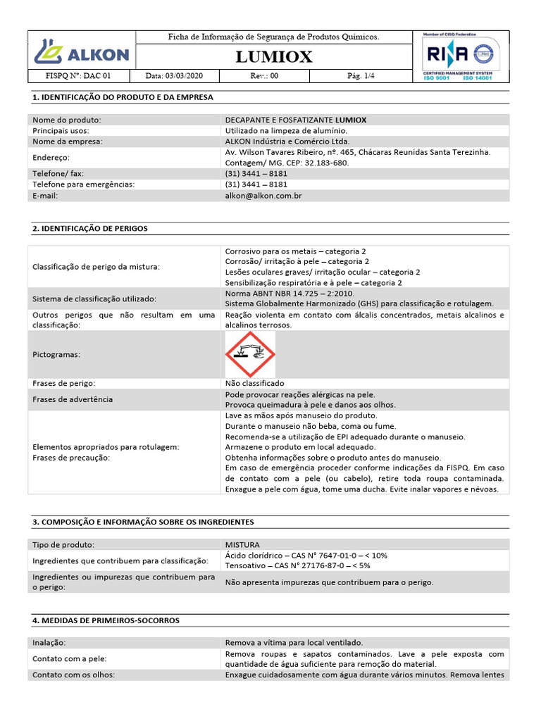 Fisqp - Decapante e Fosfatizante Lumiox | PDF | Compostos químicos | Materiais