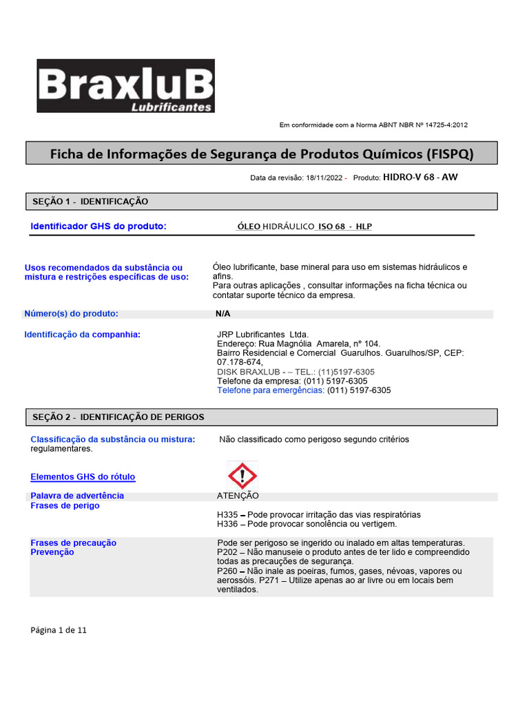 Fisqp - Óleo Hidráulico Iso 68 Braxlub | PDF | Combustão | Química Física