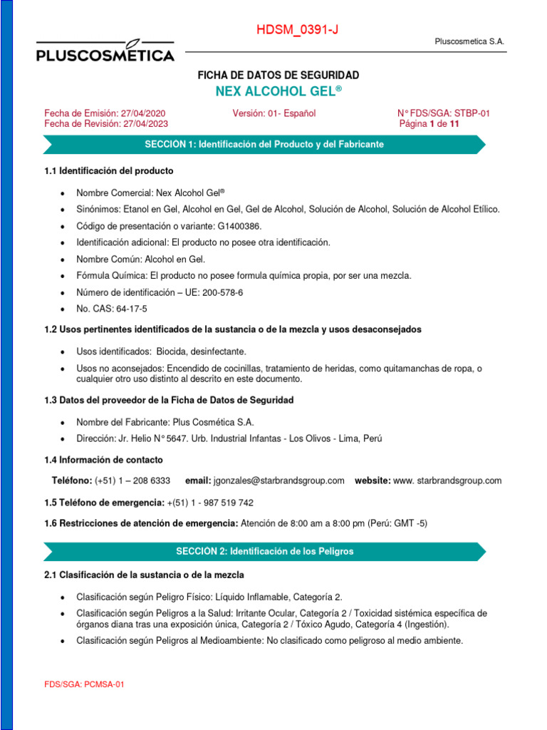 Alcohol en Gel Hoja MSDS | PDF | Etanol | Agua