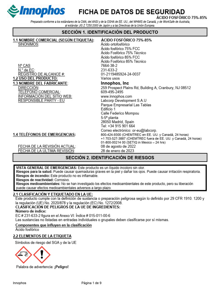 Innophos Ácido Fosfórico - Hoja MSDS | PDF | Administración de Seguridad y Salud Ocupacional ...