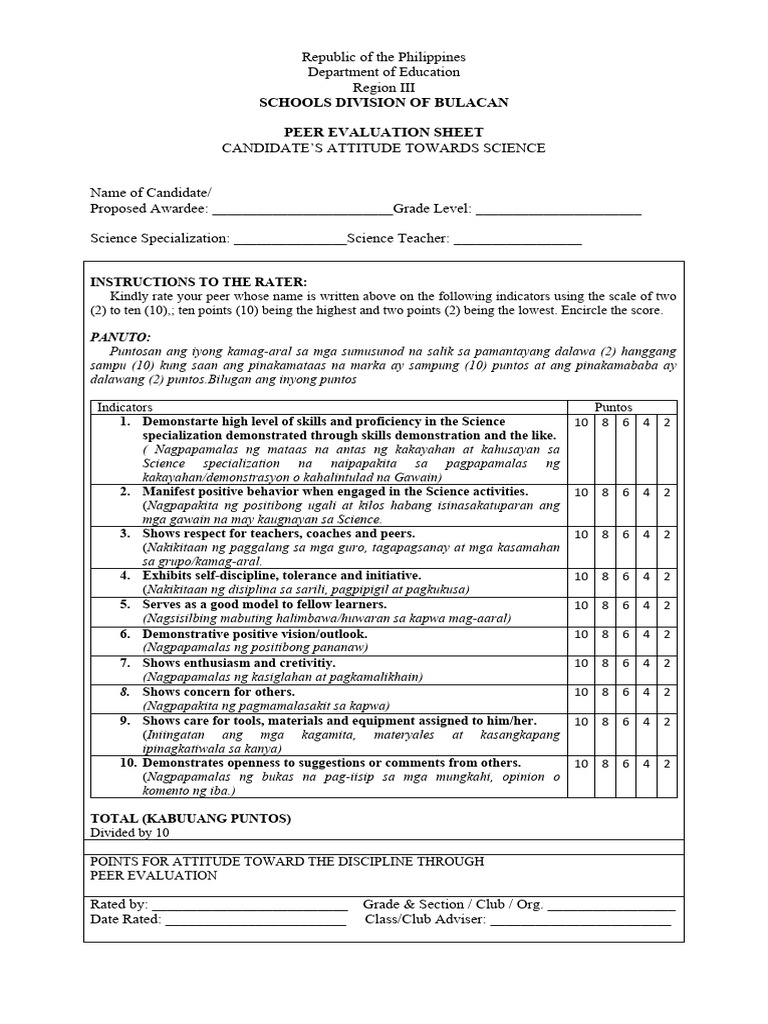Peer Rating Sheet For Science | PDF | Psychology | Human Communication