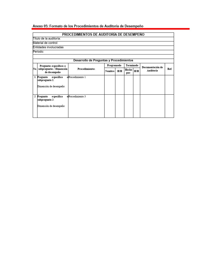 Anexo 05 - Formato de Los Procedimientos de Auditoría de Desempeño | PDF Anexo 05 - Formato de Los Procedimientos de Auditoría de Desempeño | PDF
