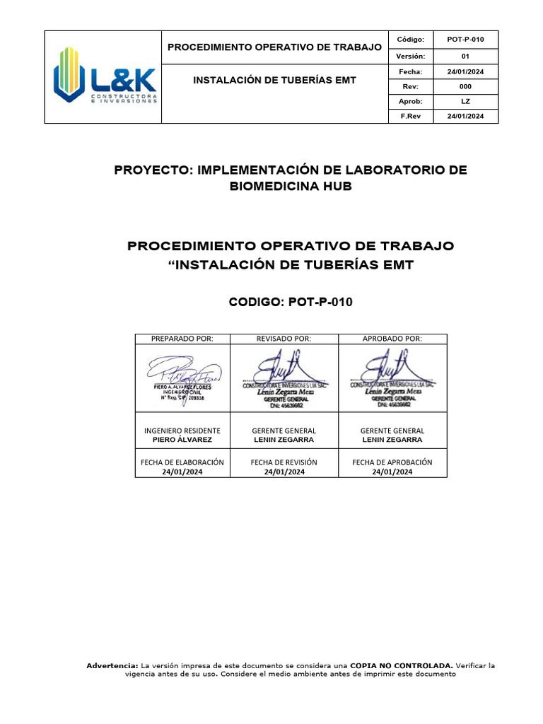 Procedimiento Instalación de Tuberías Emt | PDF