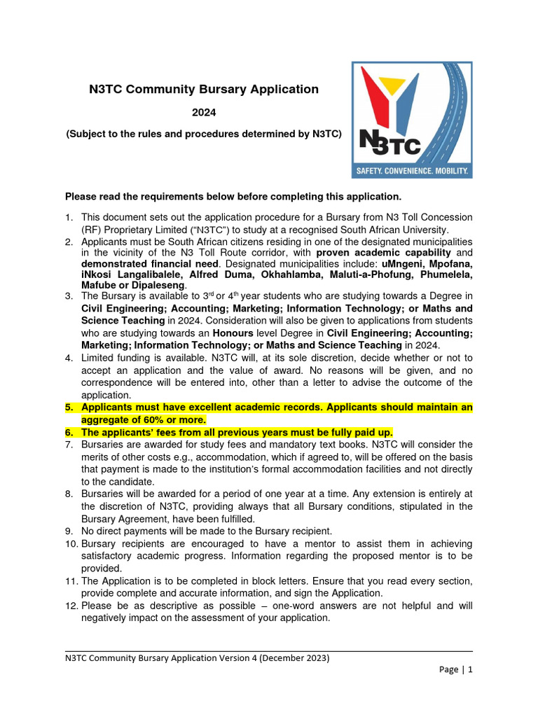 N3TC Community Bursary Application Form 2024 | PDF | Academic Degree