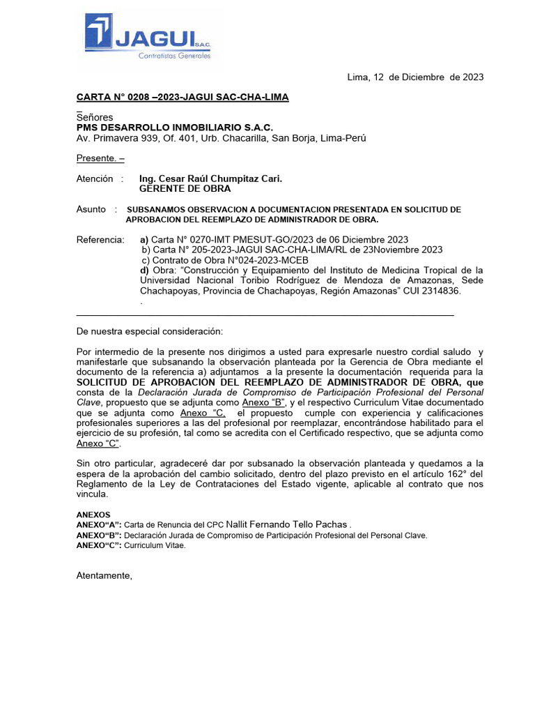 Carta 0208-2023-A Supervicion - Subsana Observacion de Documentacion Presentada | PDF
