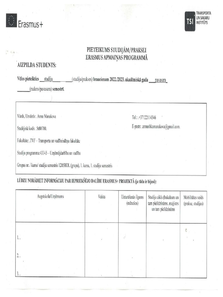 Application Form Outgoing Students Manakova | PDF