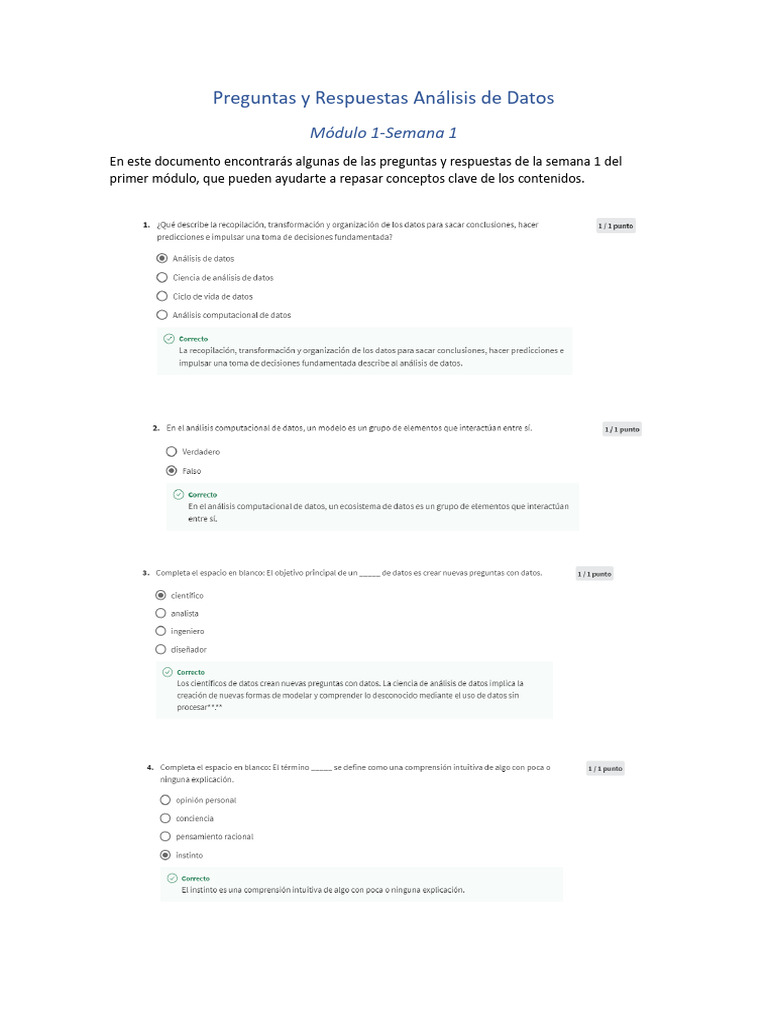 Preguntas y Respuestas 1 Análisis de Datos M1S1 | PDF